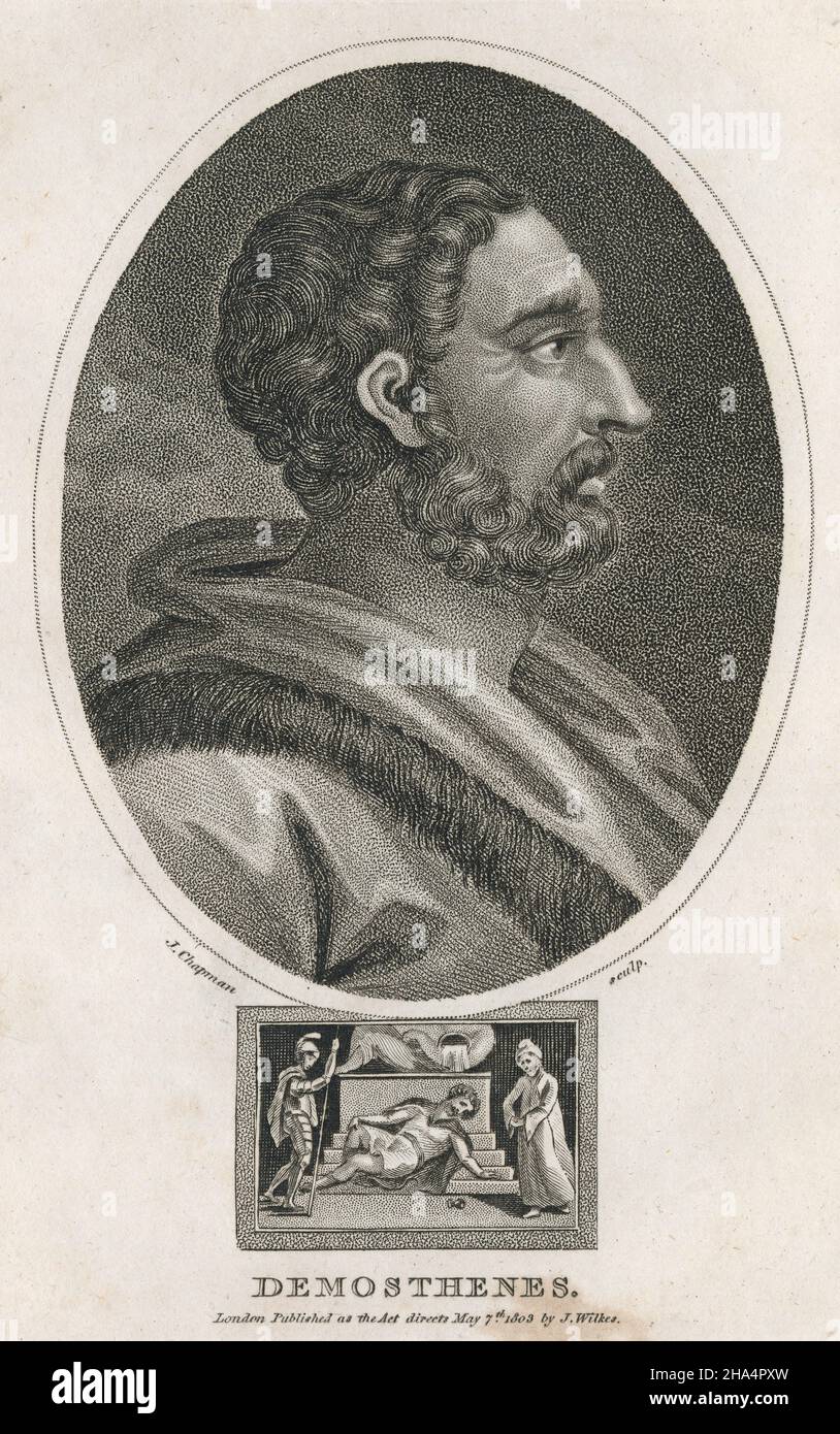 Antique 1803 engraving of Demosthenes. Demosthenes (384-322 BC) was a ...