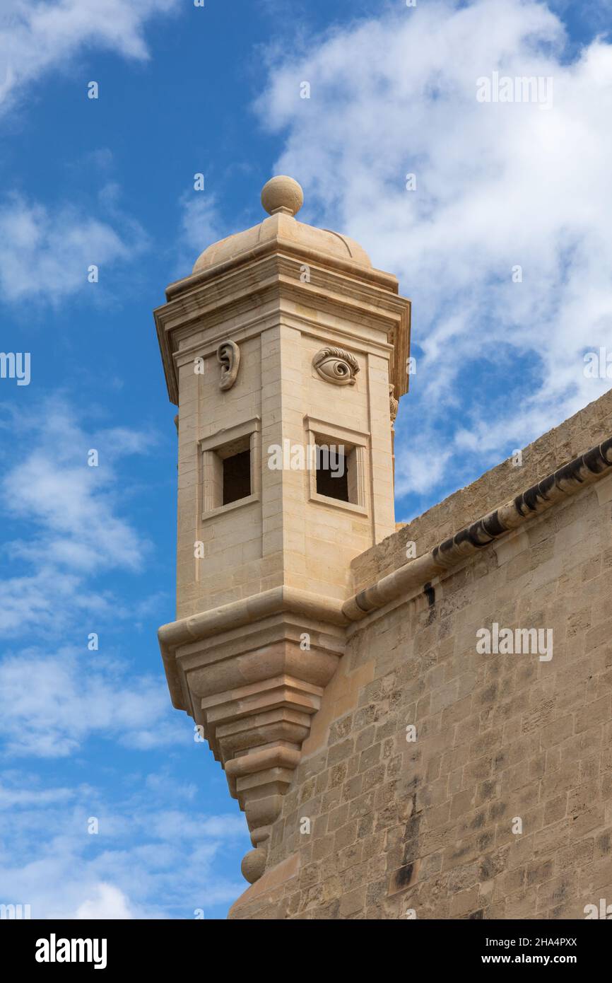 A Hexagon shaped watchtower on the bastion walls of Senglea decorated ...