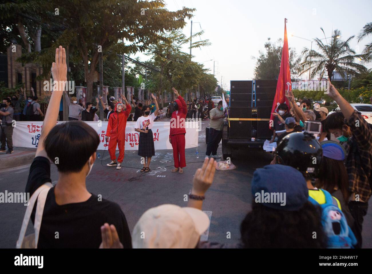 Bangkok, Thailand. 8th Dec, 2021. Protest leaders dressed up in ''Squid ...