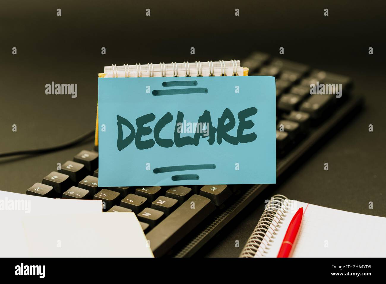 Conceptual caption Declare. Word Written on make known or state clearly ...