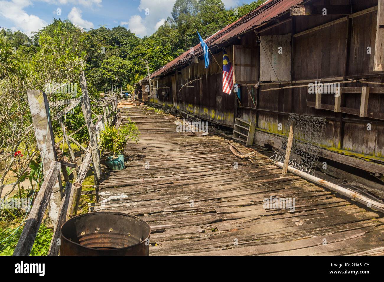 Veranda of a traditional longhouse near Batang Rejang river, Sarawak ...