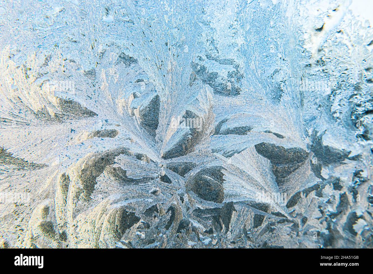 Frozen winter window with shiny ice frost pattern texture. Christmas ...