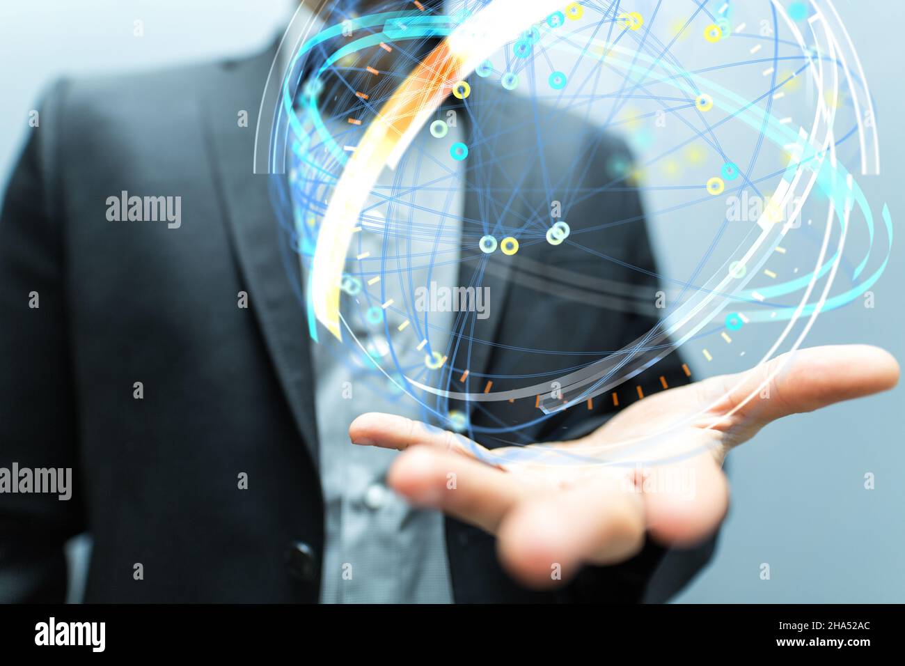 A sphere hologram made of intersecting lines and connected dots on a ...