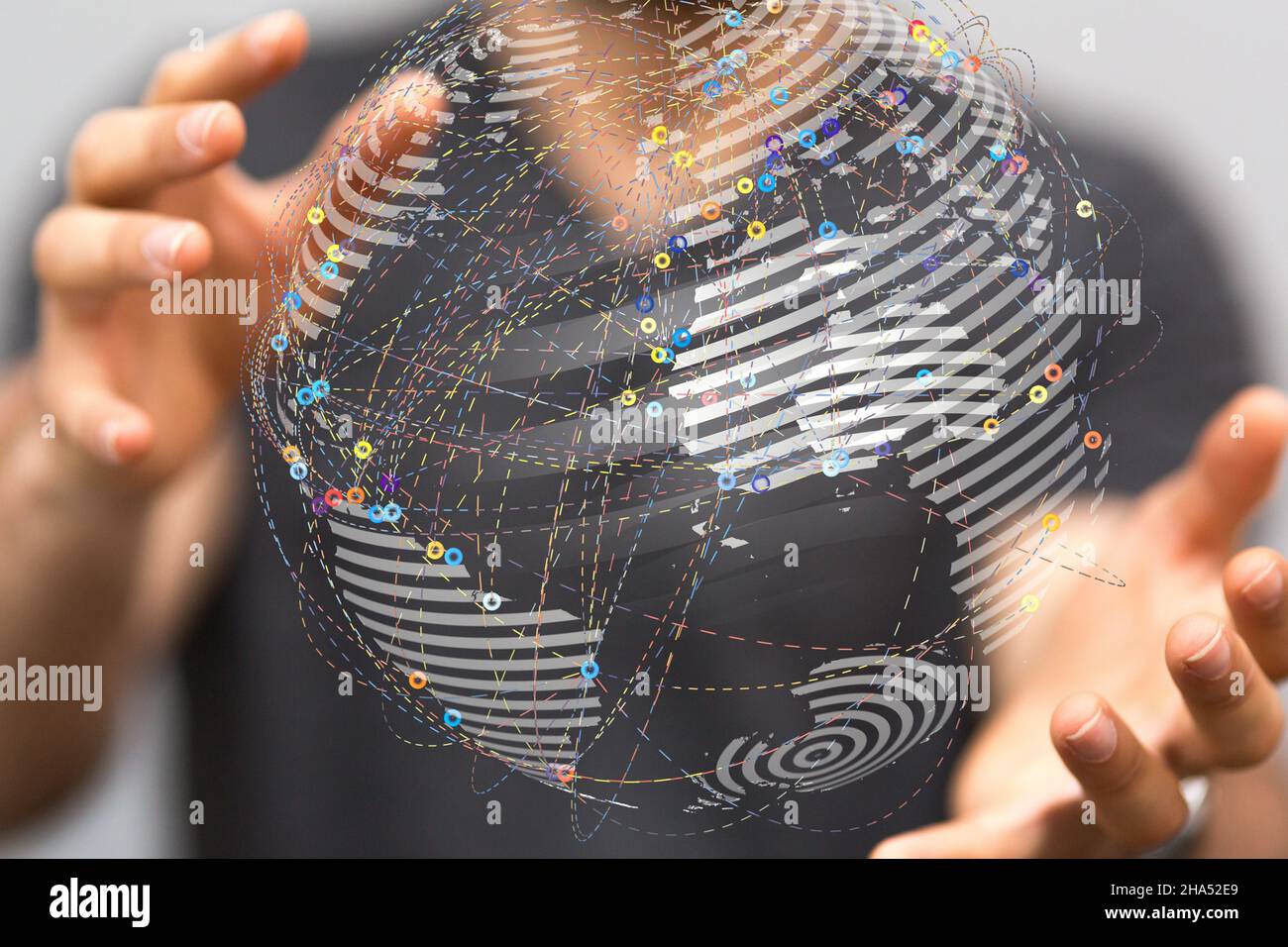 A sphere hologram made of intersecting lines and connected dots between ...