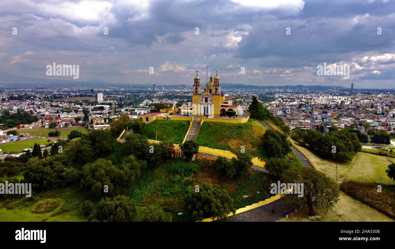 Beautiful view of Cholula Mexico church on a pyramid in Puebla under ...