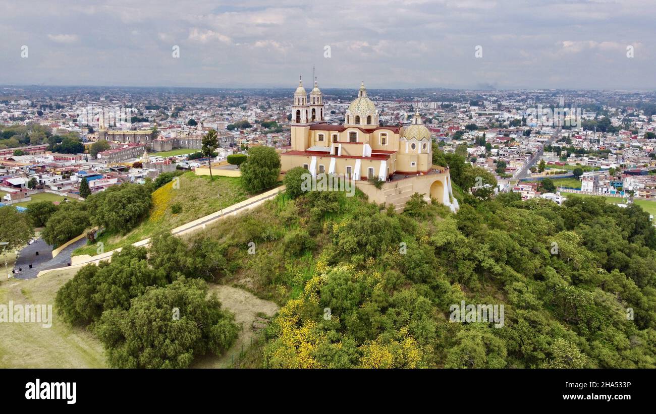 Beautiful view of Cholula Mexico church on a pyramid in Puebla ...