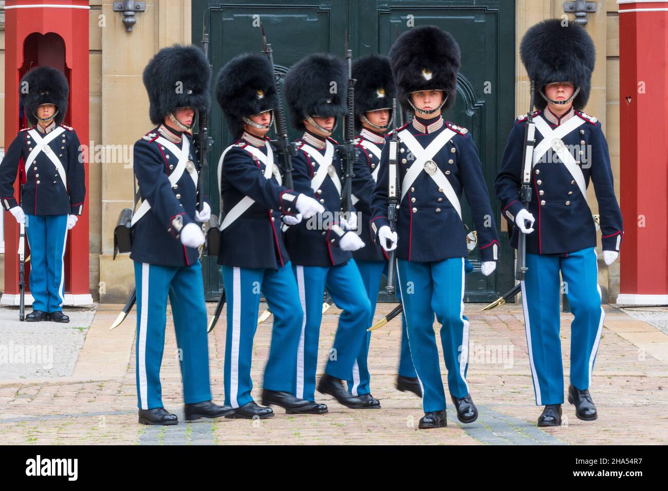Copenhagen, Koebenhavn: Royal Guard, changing of the guard in front of Amalienborg Palace, M16 ...