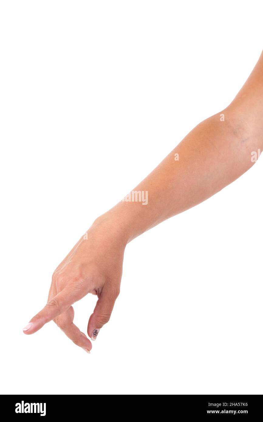 arm, pointing, finger, outstretched, down, woman, white, background ...