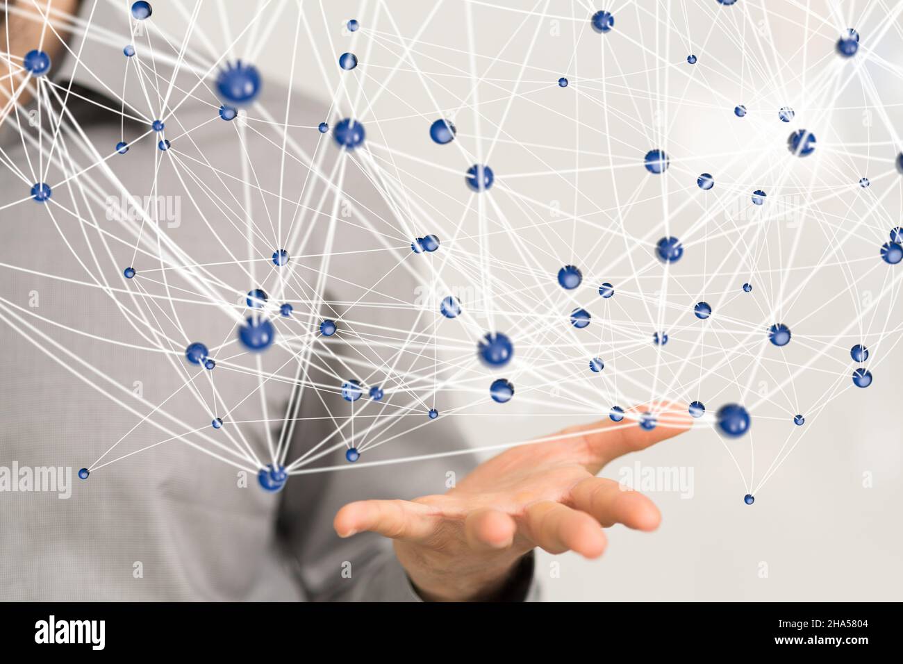 3D rendering hologram of interconnected dots on a businessman's palm ...