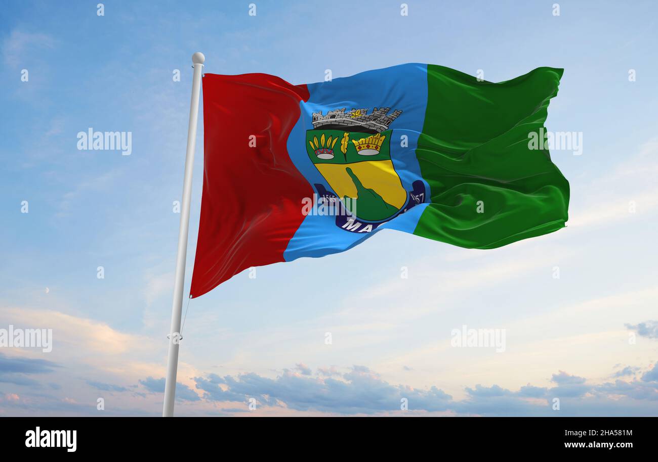 flag of Mage , Brazil at cloudy sky background on sunset, panoramic ...