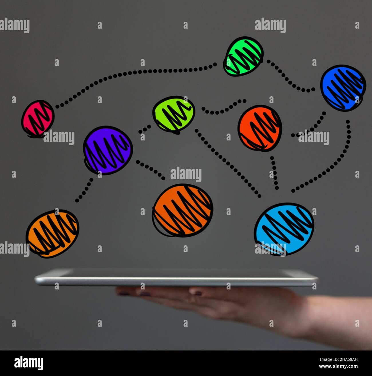 3D rendering hologram of interconnected dots on a businessman's palm ...