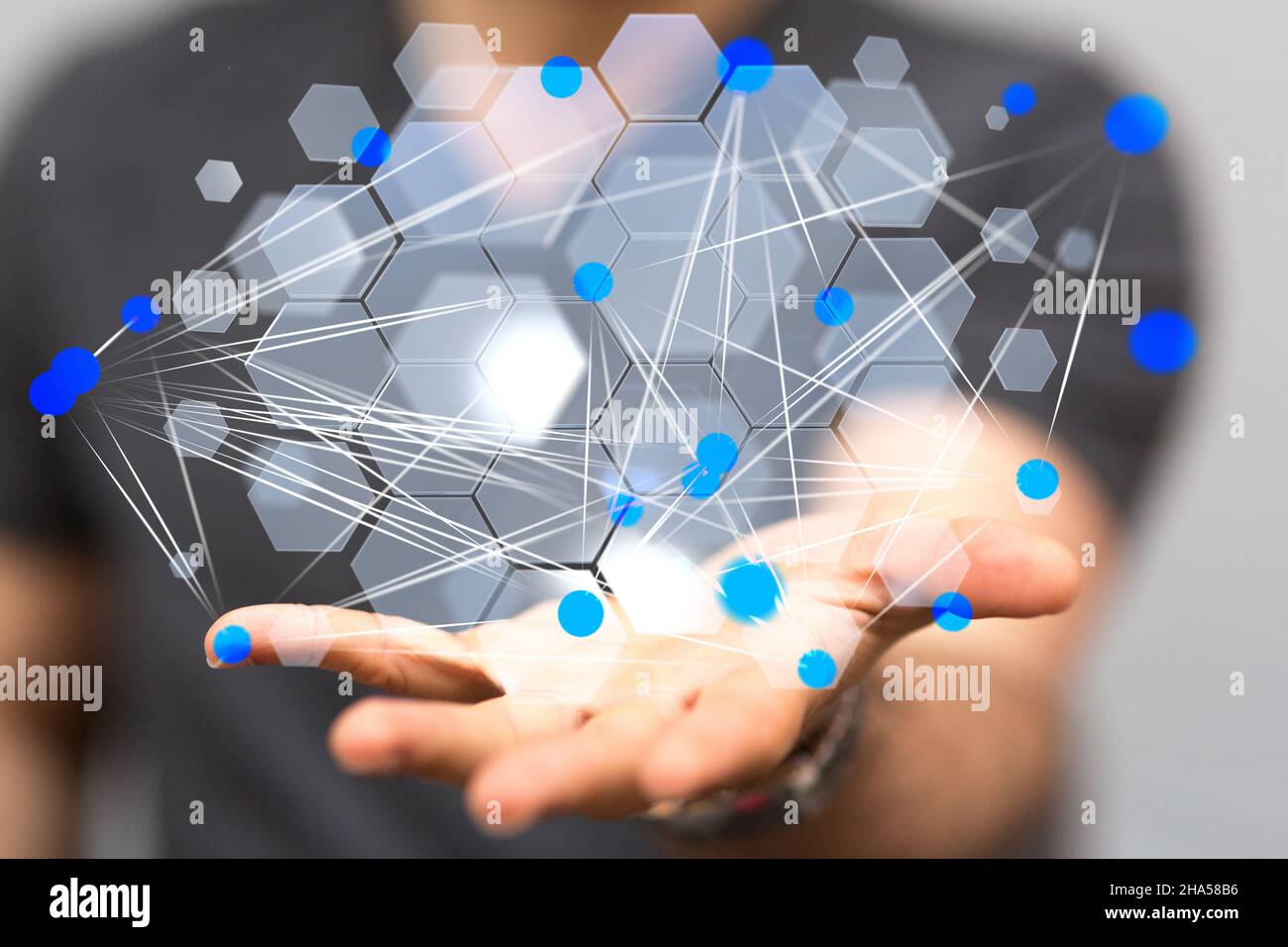 3D rendering hologram of interconnected dots on a businessman's palm ...