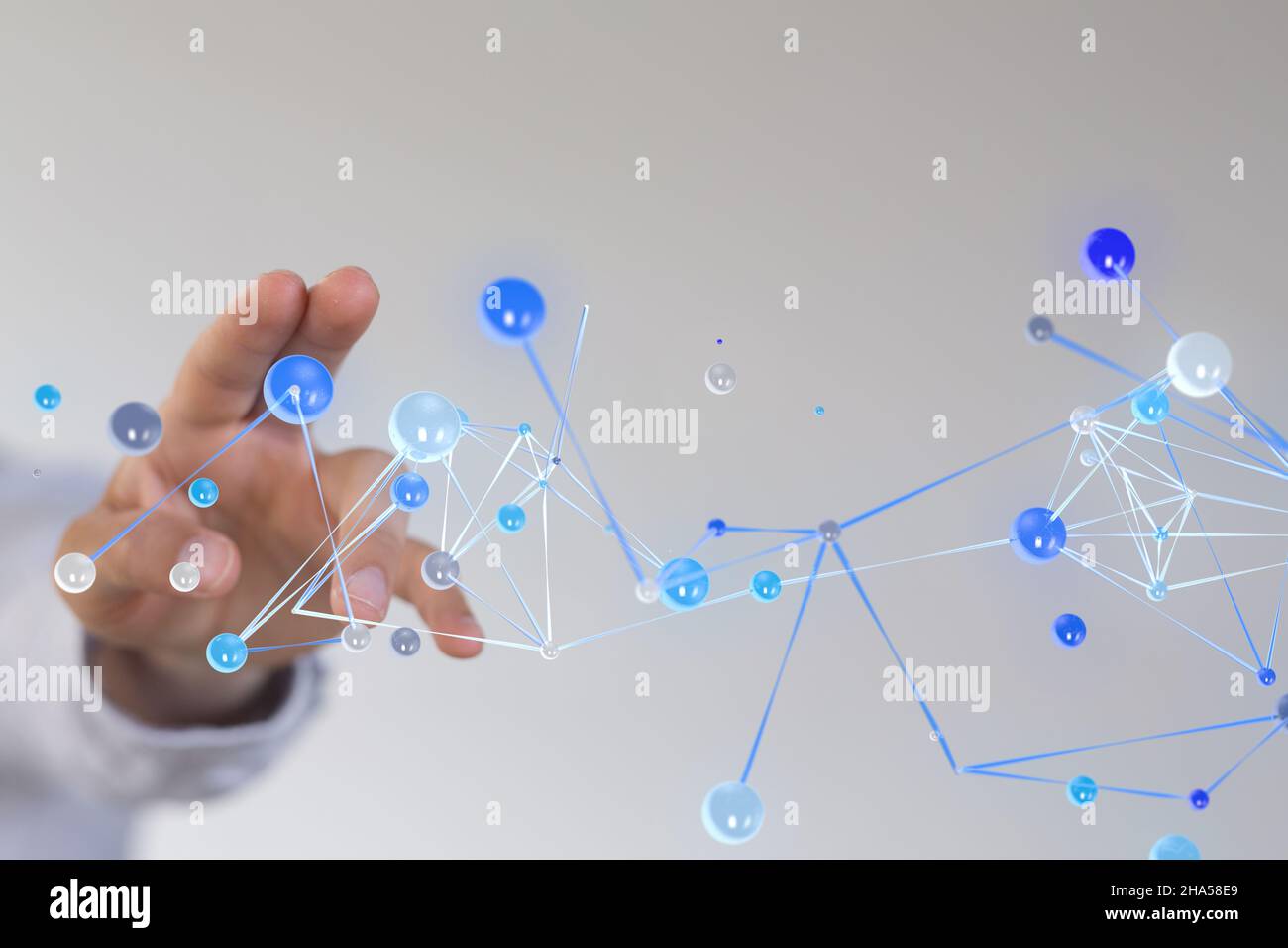 Businessman tapping on a 3D rendering hologram of interconnected dots - network concept Stock ...