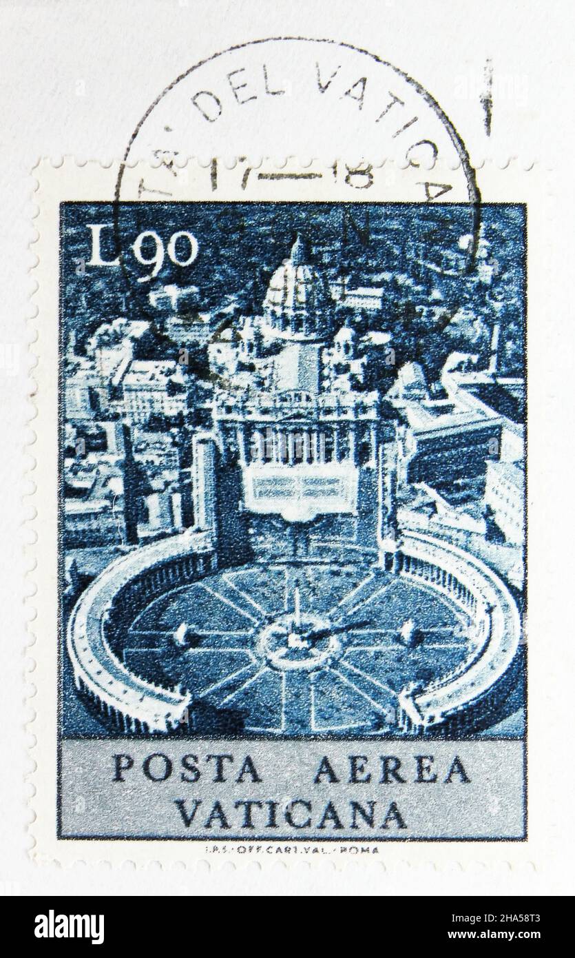 MOSCOW, RUSSIA - NOVEMBER 4, 2021: Postage stamp printed in Vatican shows Aerial view of Saint ...