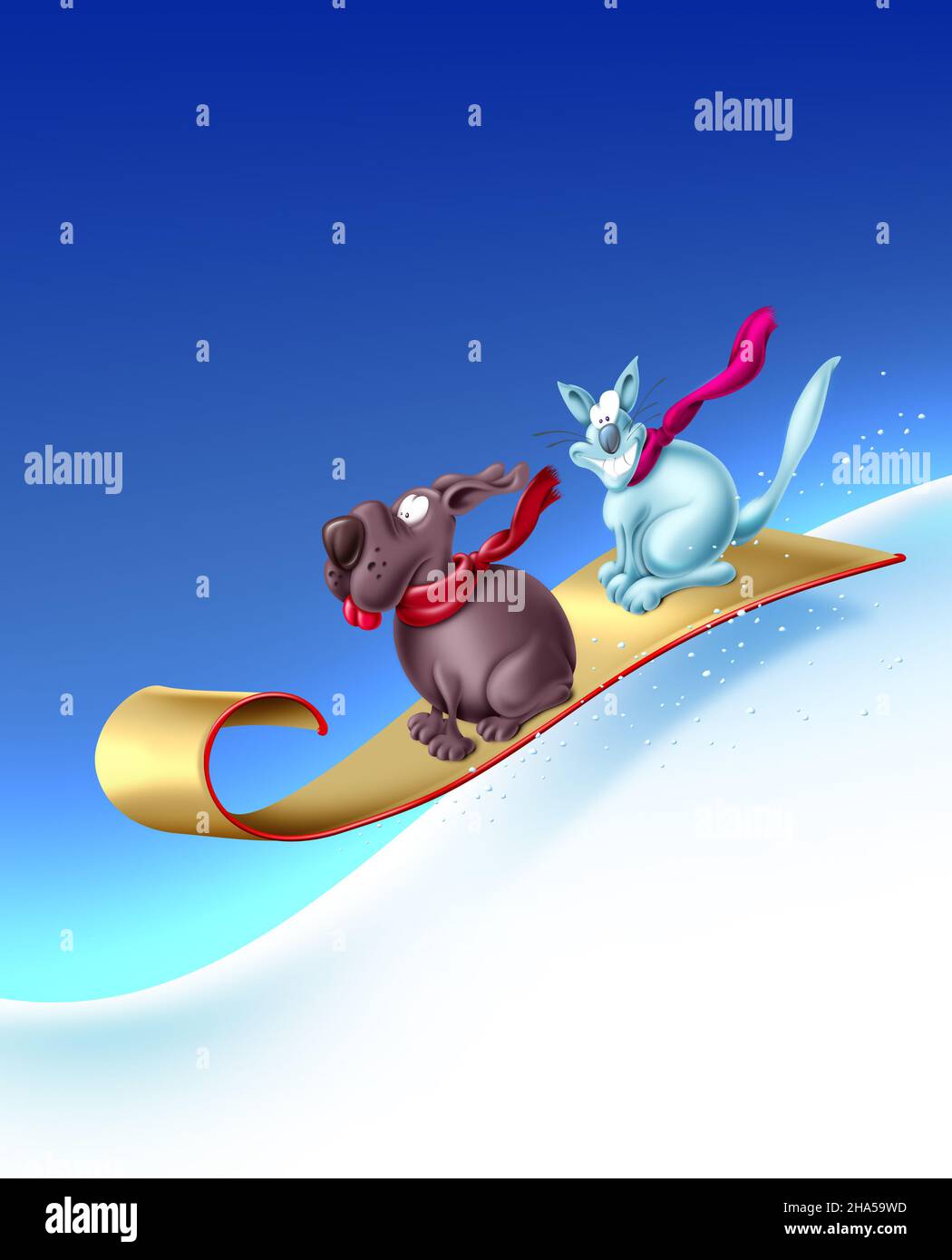 Funny friends dog and cat sliding together on a toboggan Winter ...