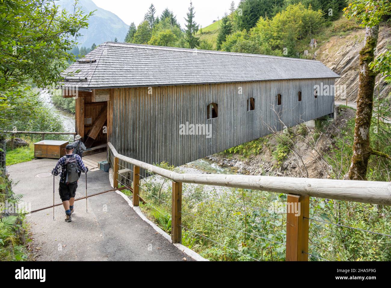 austria,kleinwalsertal,höflerbrücke,wooden bridge over the breitach ...