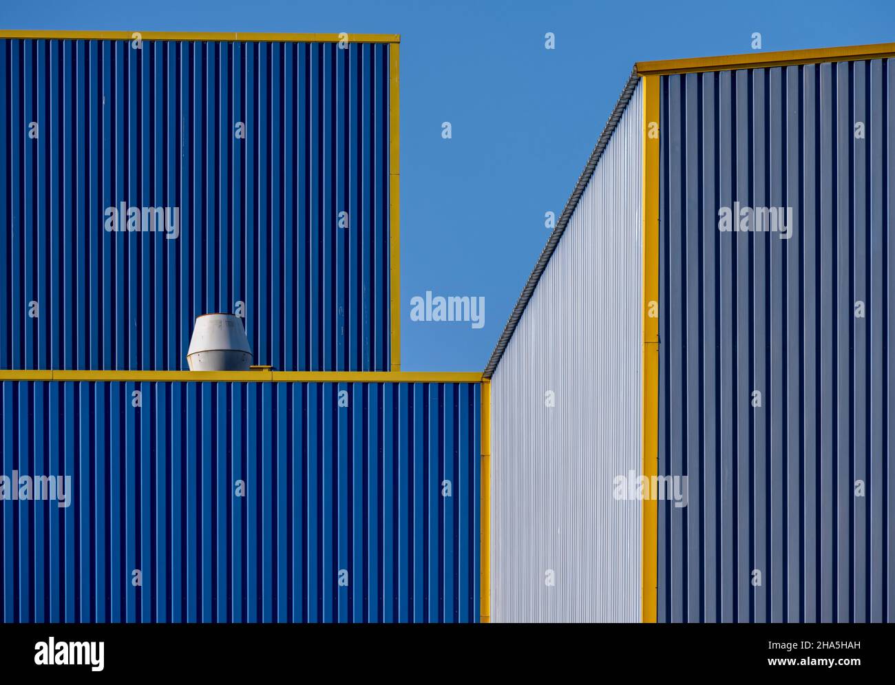 industrial architecture,warehouse,blue sky,yellow stripes Stock Photo ...