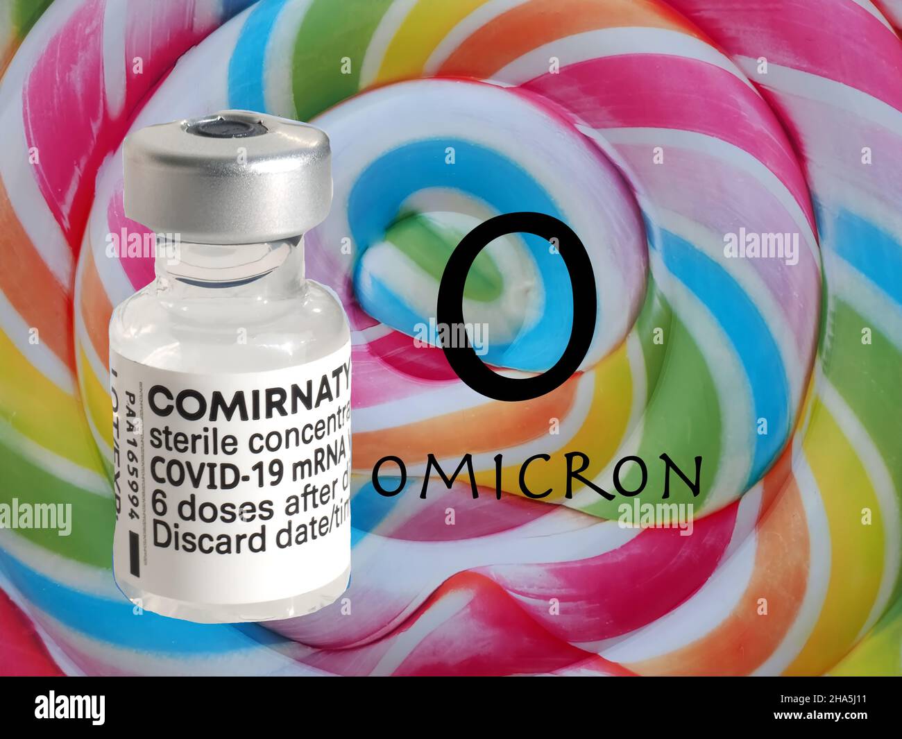 Omicron symbol with Biontech Pfizer Vaccine for children on lollipop ...