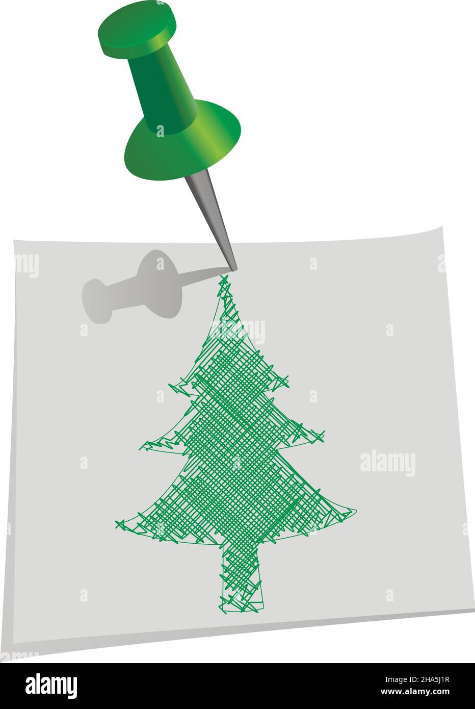 Christmas tree drawn by hand on paper for notes with push pin, vector ...