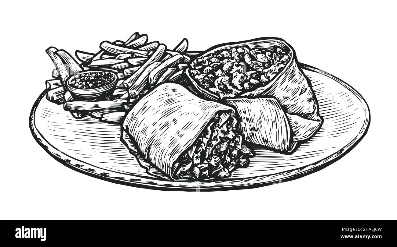 Kebab, doner food. Sketch of restaurant dish in vintage style Stock ...