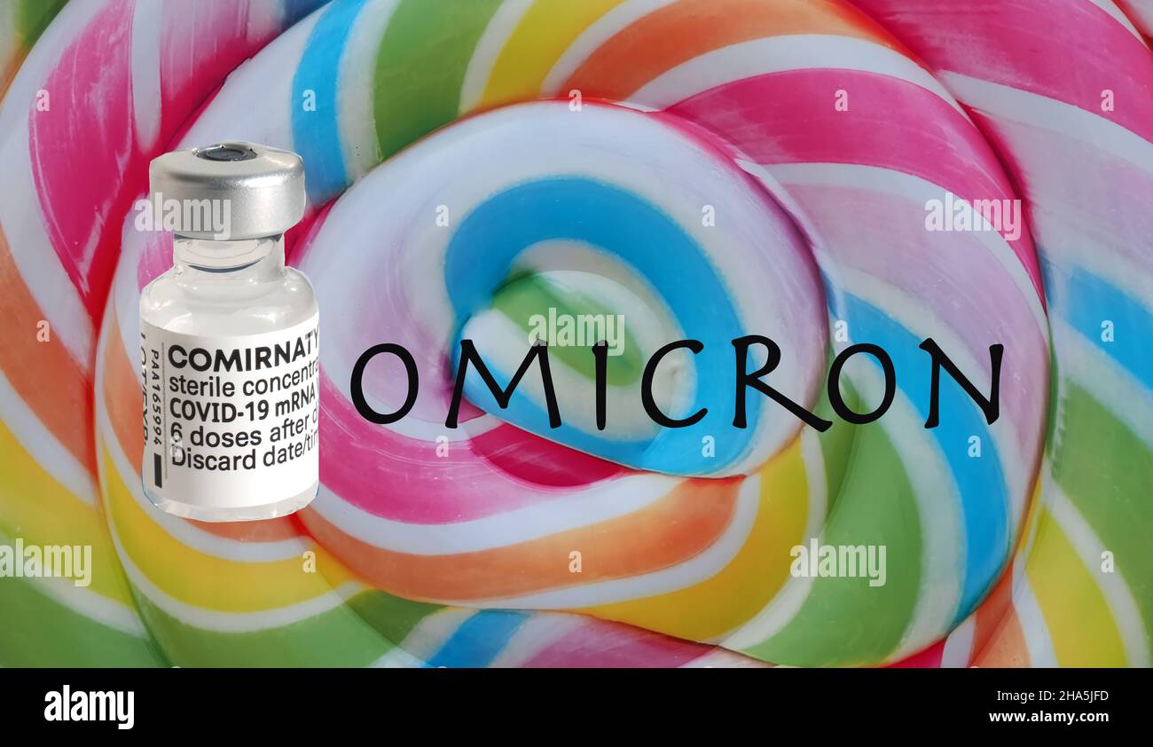 Omicron symbol with Biontech Pfizer Vaccine for children on lollipop ...