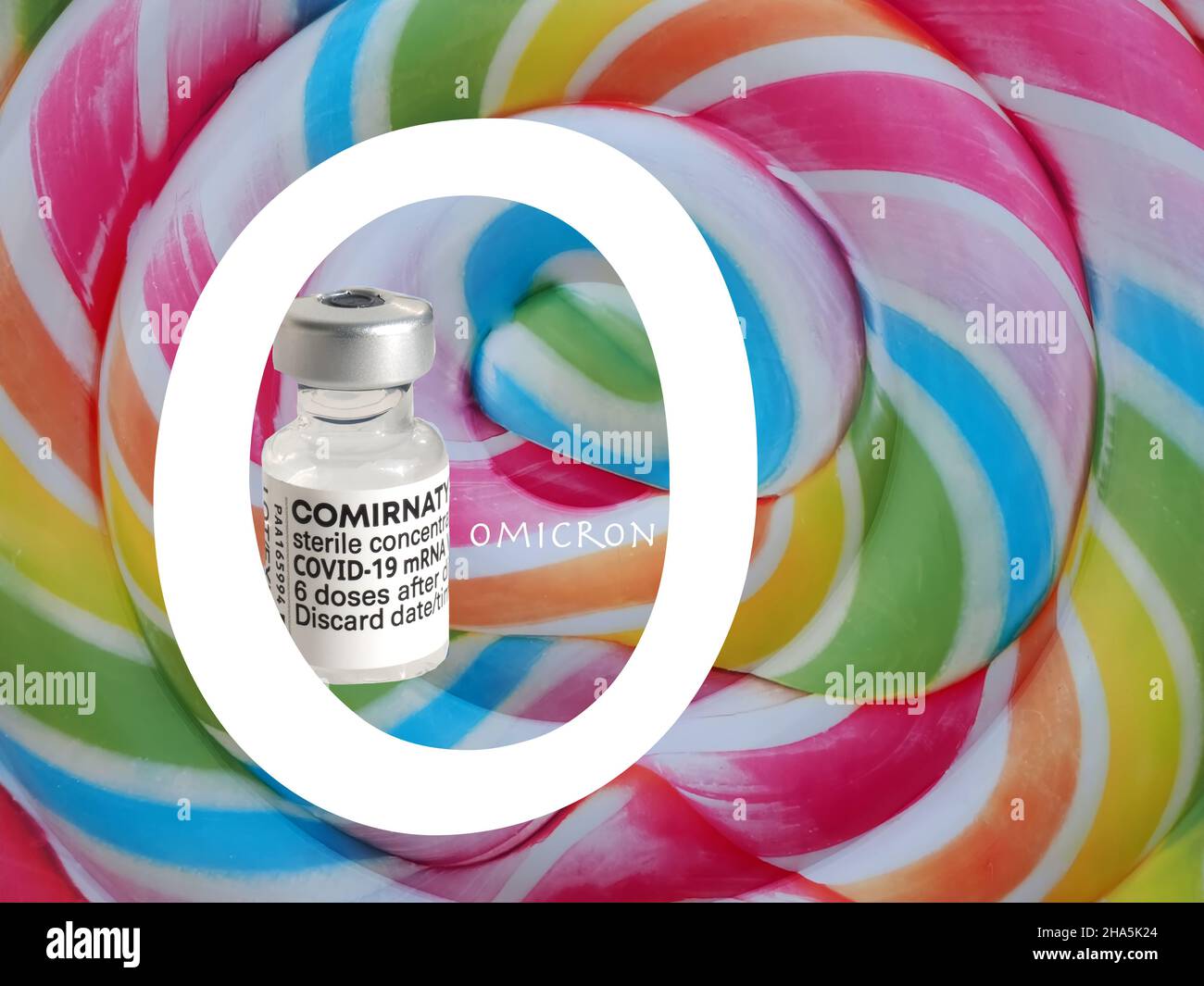 Omicron symbol with Biontech Pfizer Vaccine for children on lollipop ...