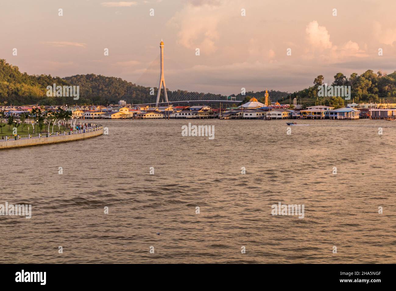 RIPAS Bridge behind Kampong Ayer water town in Bandar Seri Begawan ...
