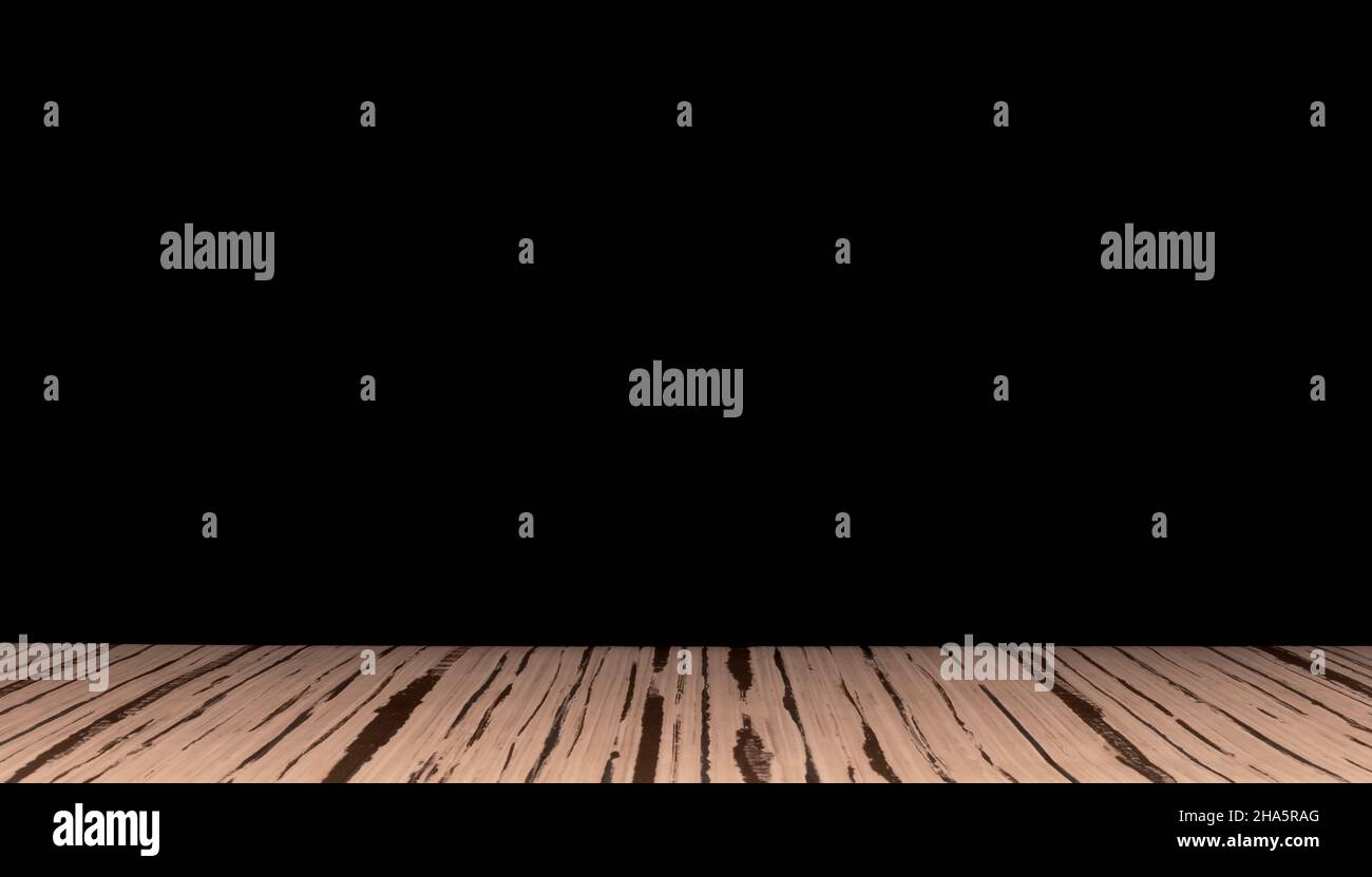 Wooden table on black background. Black background with wooden support ...