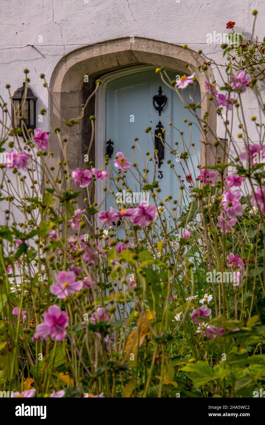 old wooden front door to a country cottage with flowers and foliage ...