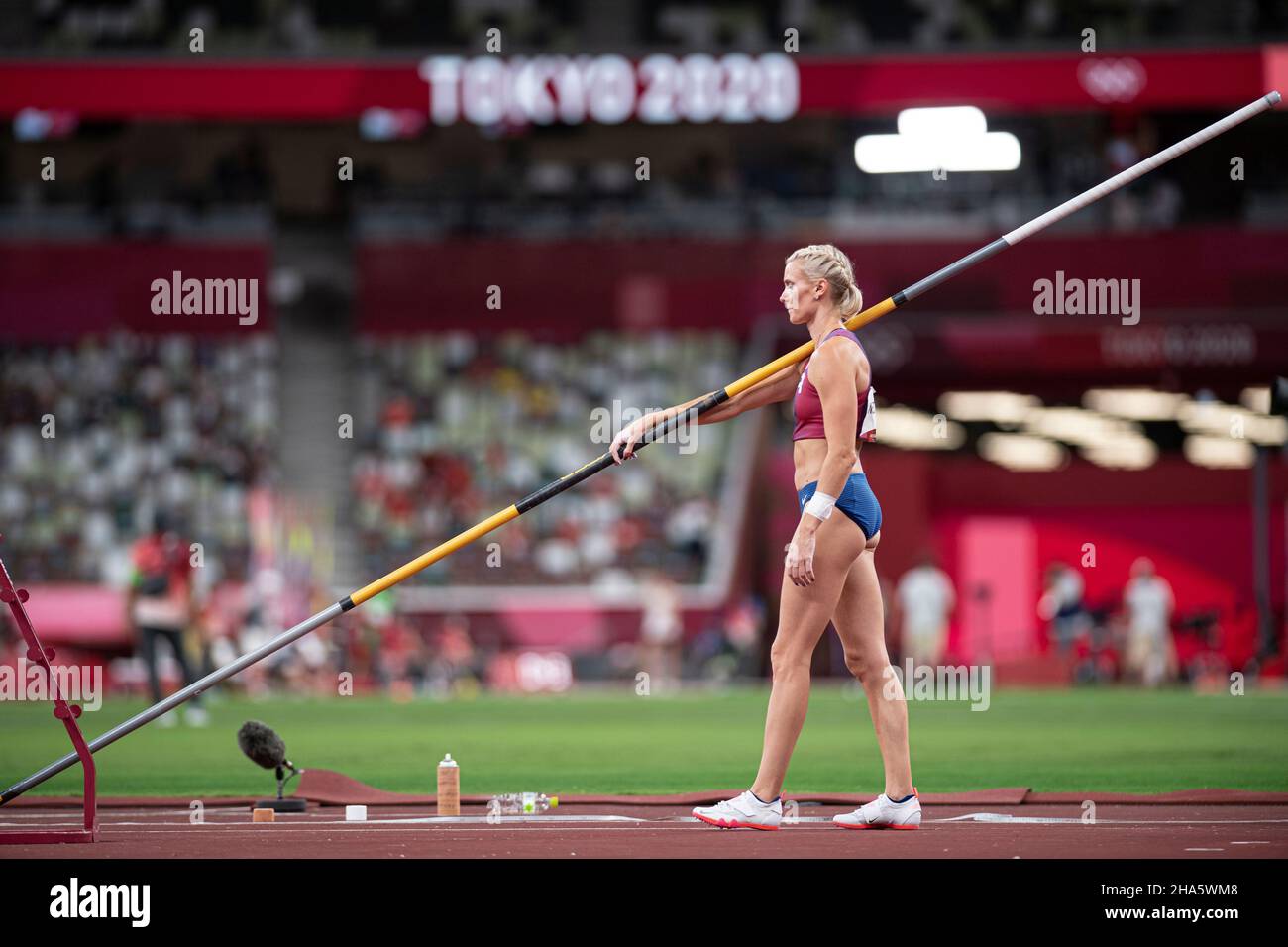 Katie Nageotte jumping in the Tokyo 2020 Olympics in which she has ...