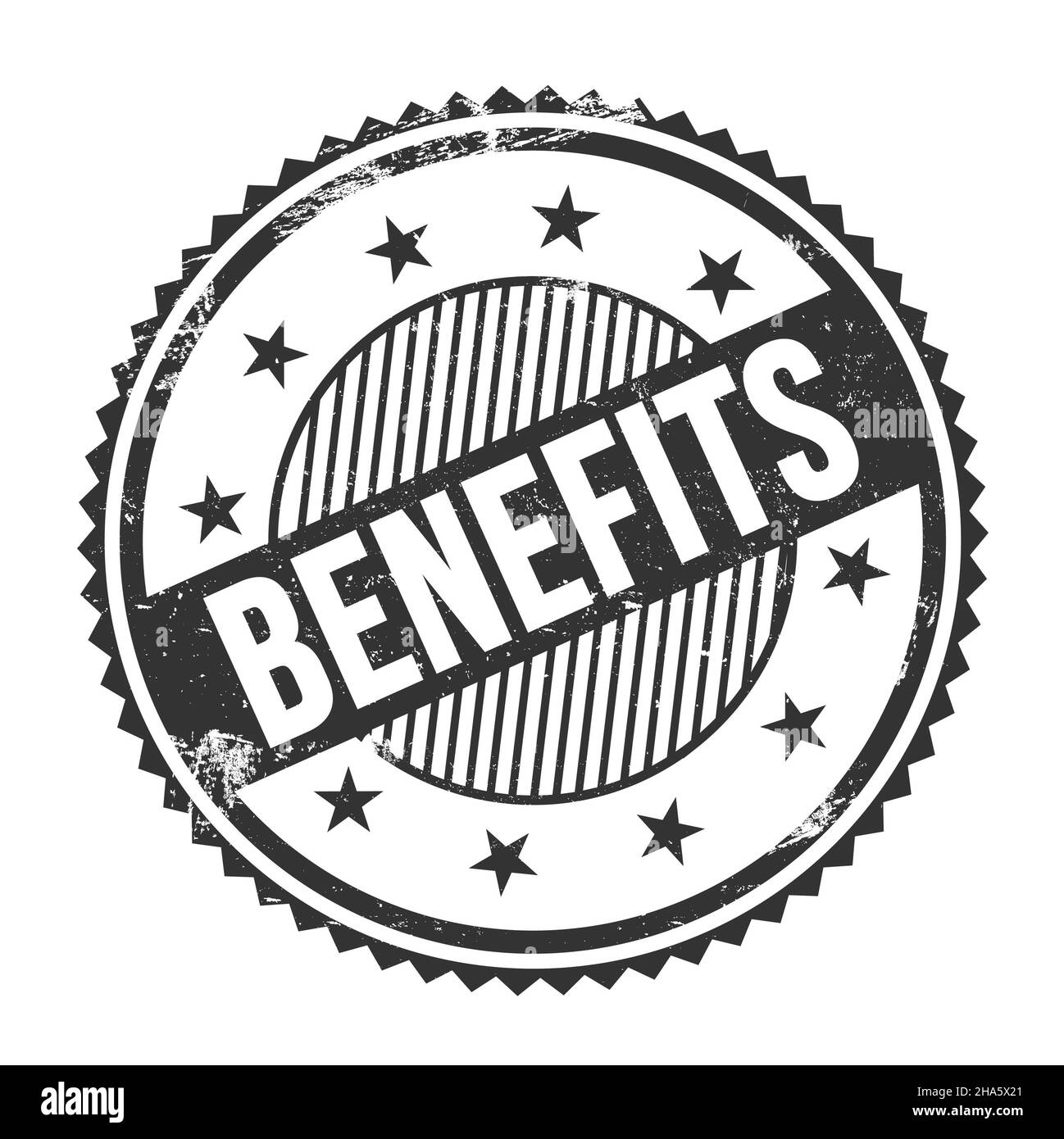 BENEFITS text written on black grungy zig zag borders round stamp Stock ...