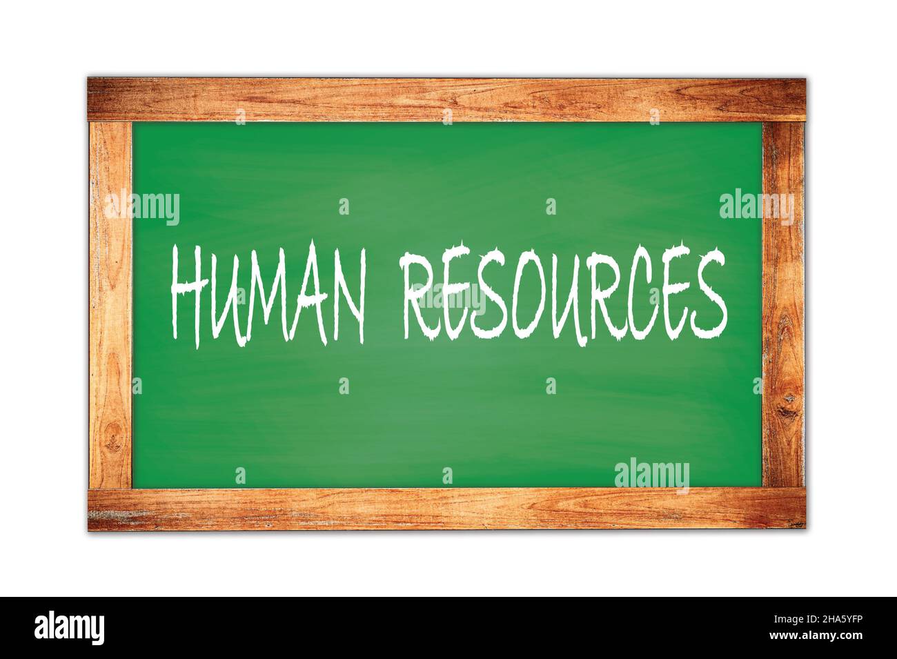 HUMAN RESOURCES text written on green wooden frame school blackboard ...