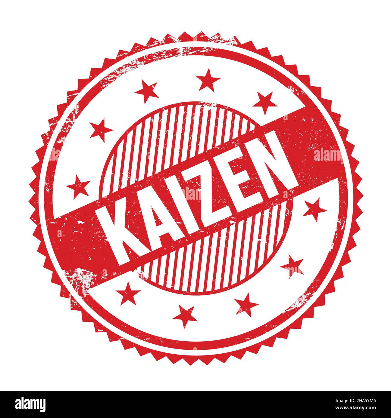 KAIZEN text written on red grungy zig zag borders round stamp Stock ...