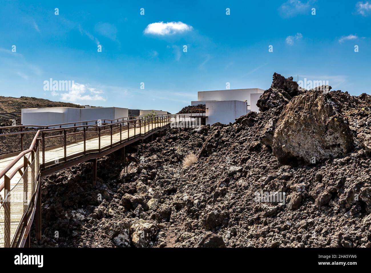 Viewing platform with footbridge in the lava fields hi-res stock ...