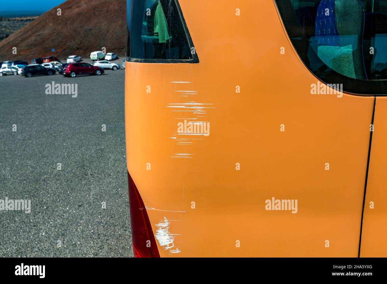 scratch marks on the tour bus caused by sharp lava rocks,timanfaya ...