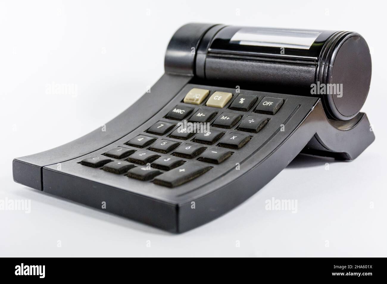Old black calculator with traces of use isolated white background Stock ...