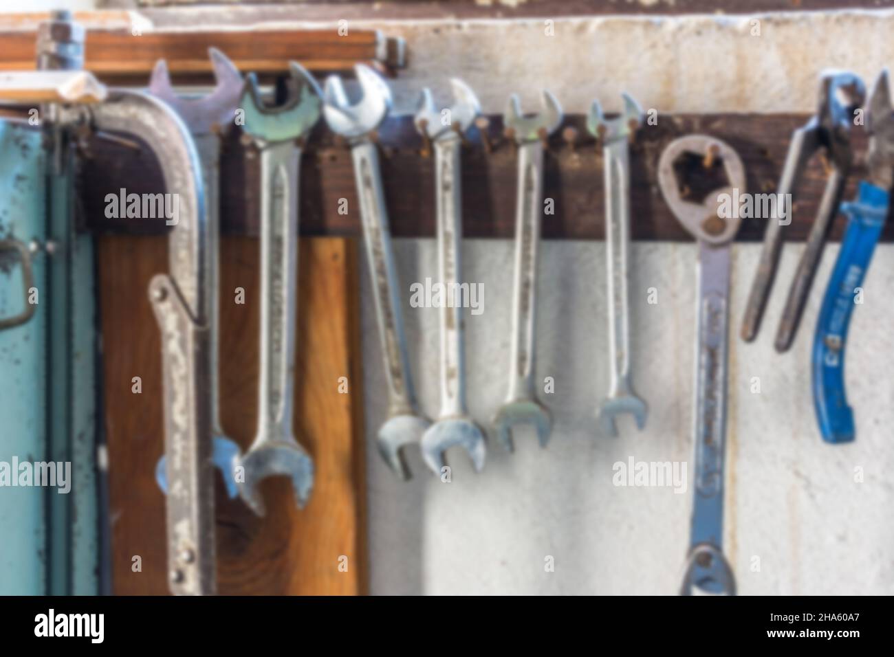 Set of spanners hand tools fixed on the wall Stock Photo - Alamy