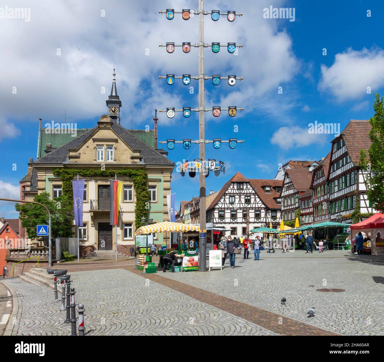 maypole on the market square,town hall and half-timbered houses,bretten ...