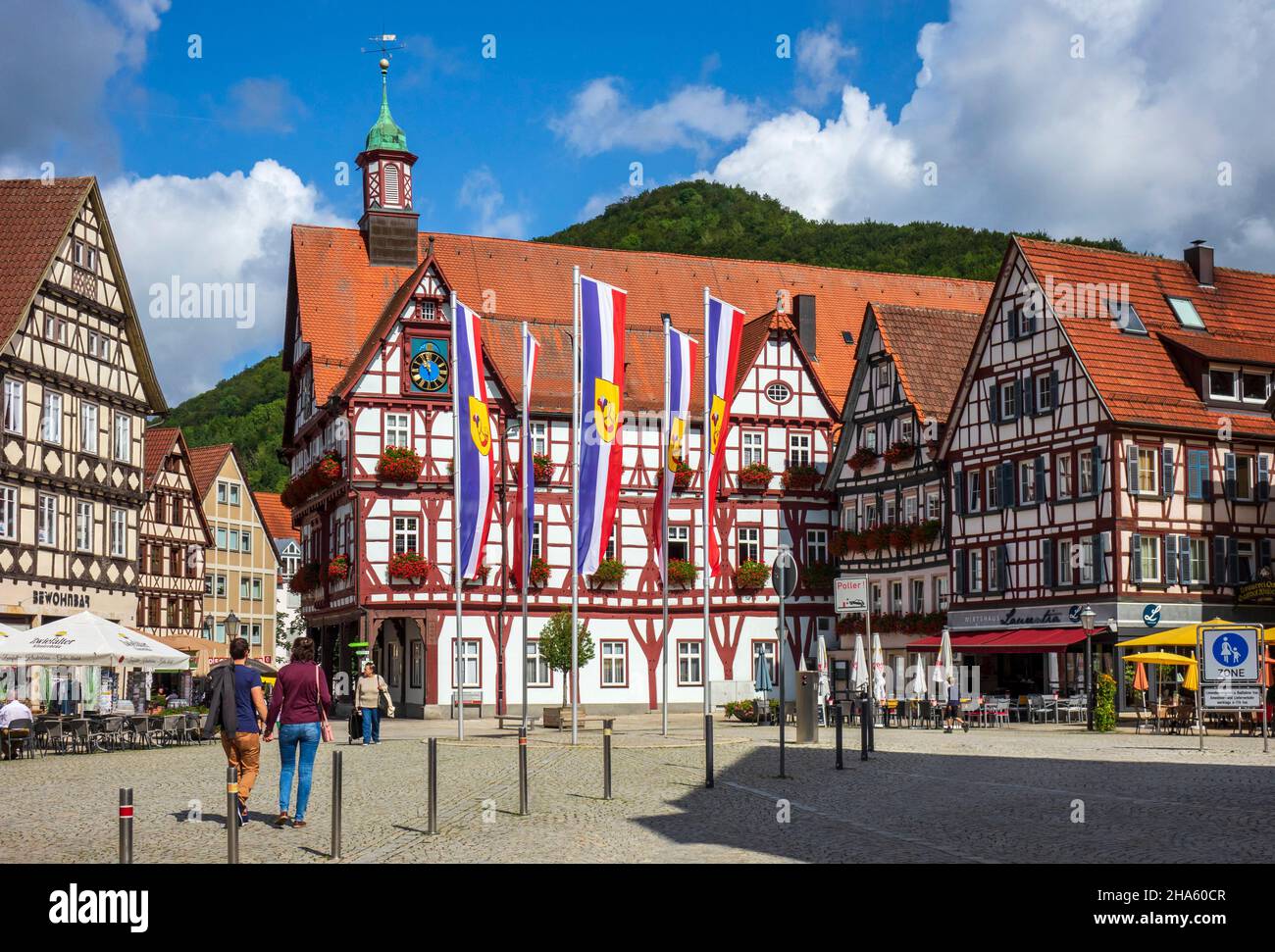 bad urach,market square with the town hall and the half-timbered houses ...