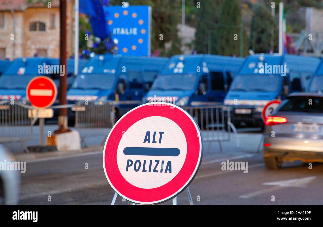 French-Italian Border Control Police check point in Menton, France on ...