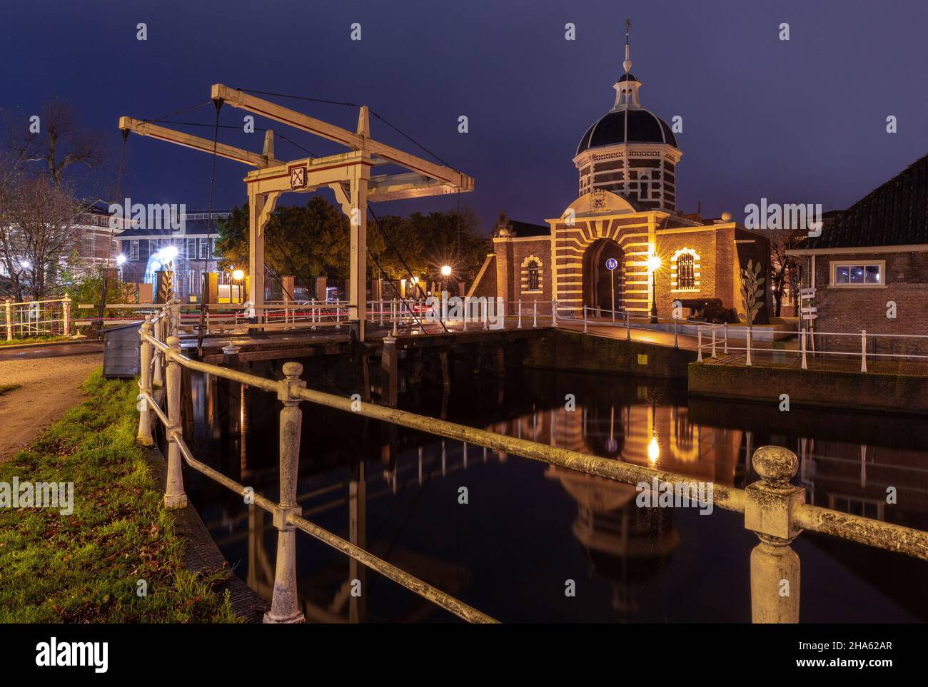The old western city gate of Morsport at night. Leiden. Netherlands ...