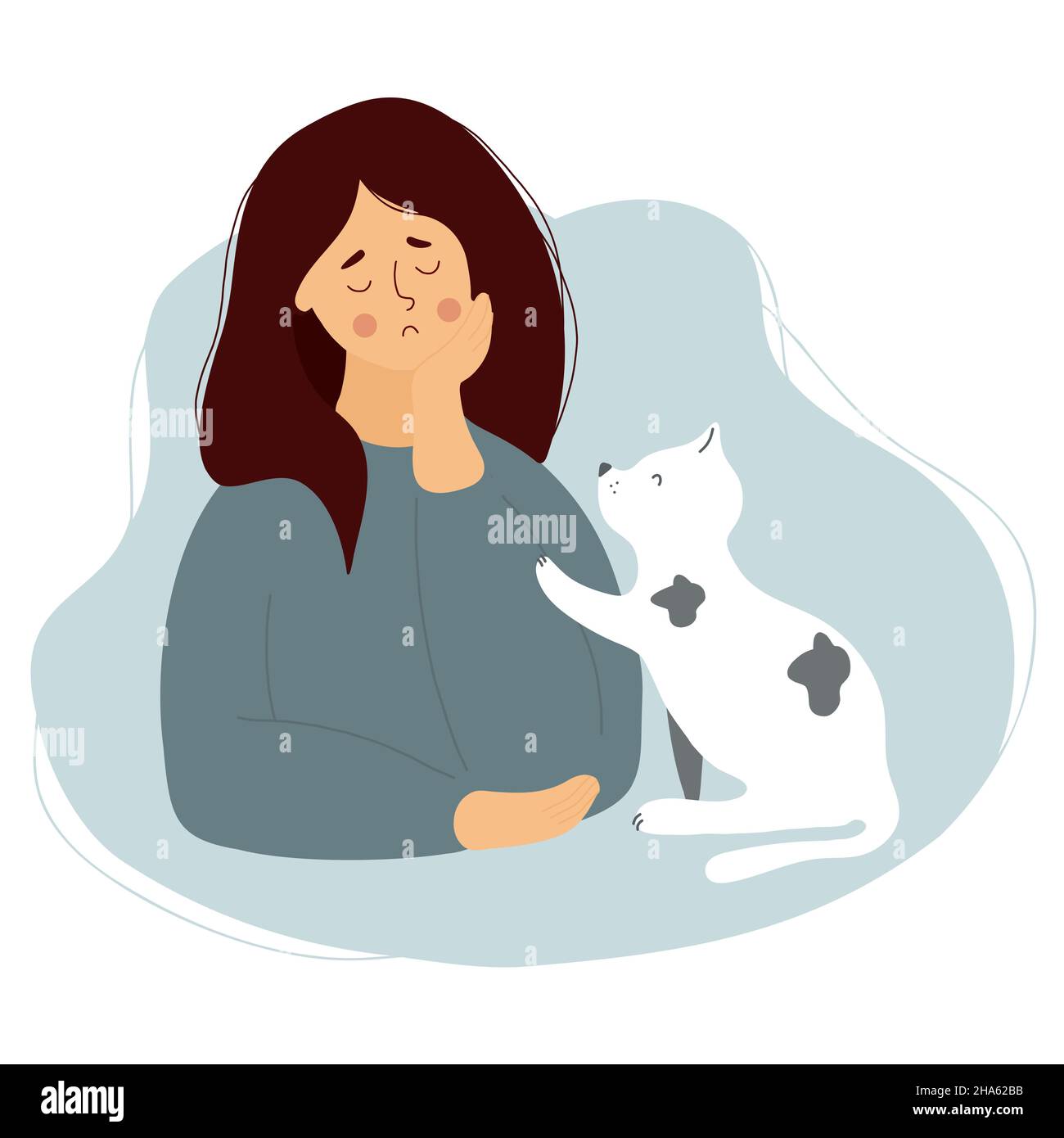 Sad lonely girl with cat. Vector illustration. female Character for ...