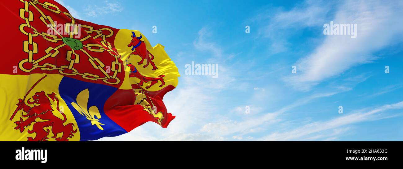 flag of Pyrenees atlantiques, France at cloudy sky background on sunset ...