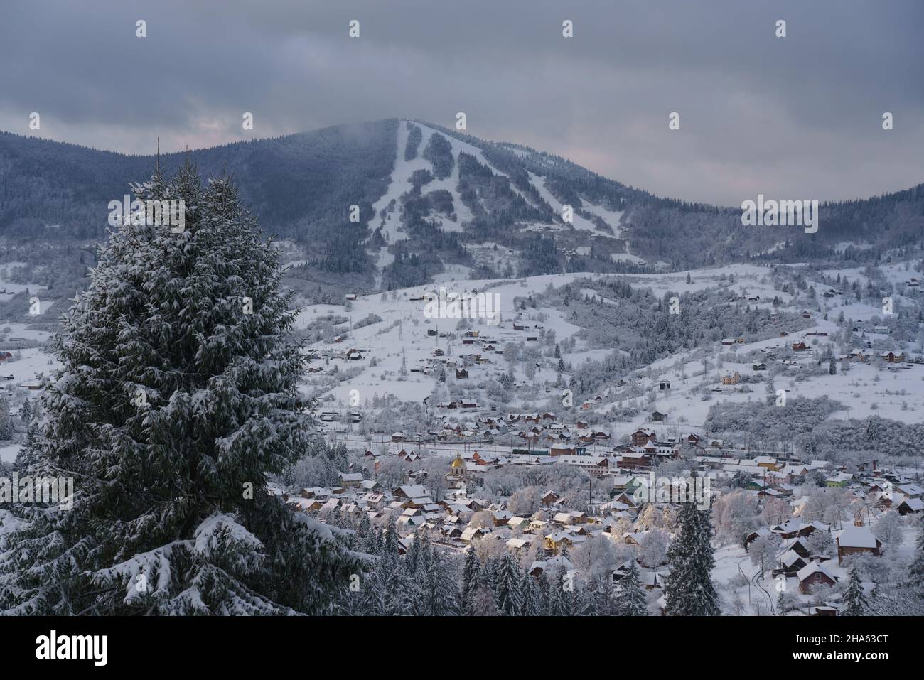 Top view of snowy Slavske village and Trostyan mountain Ukraine Stock ...