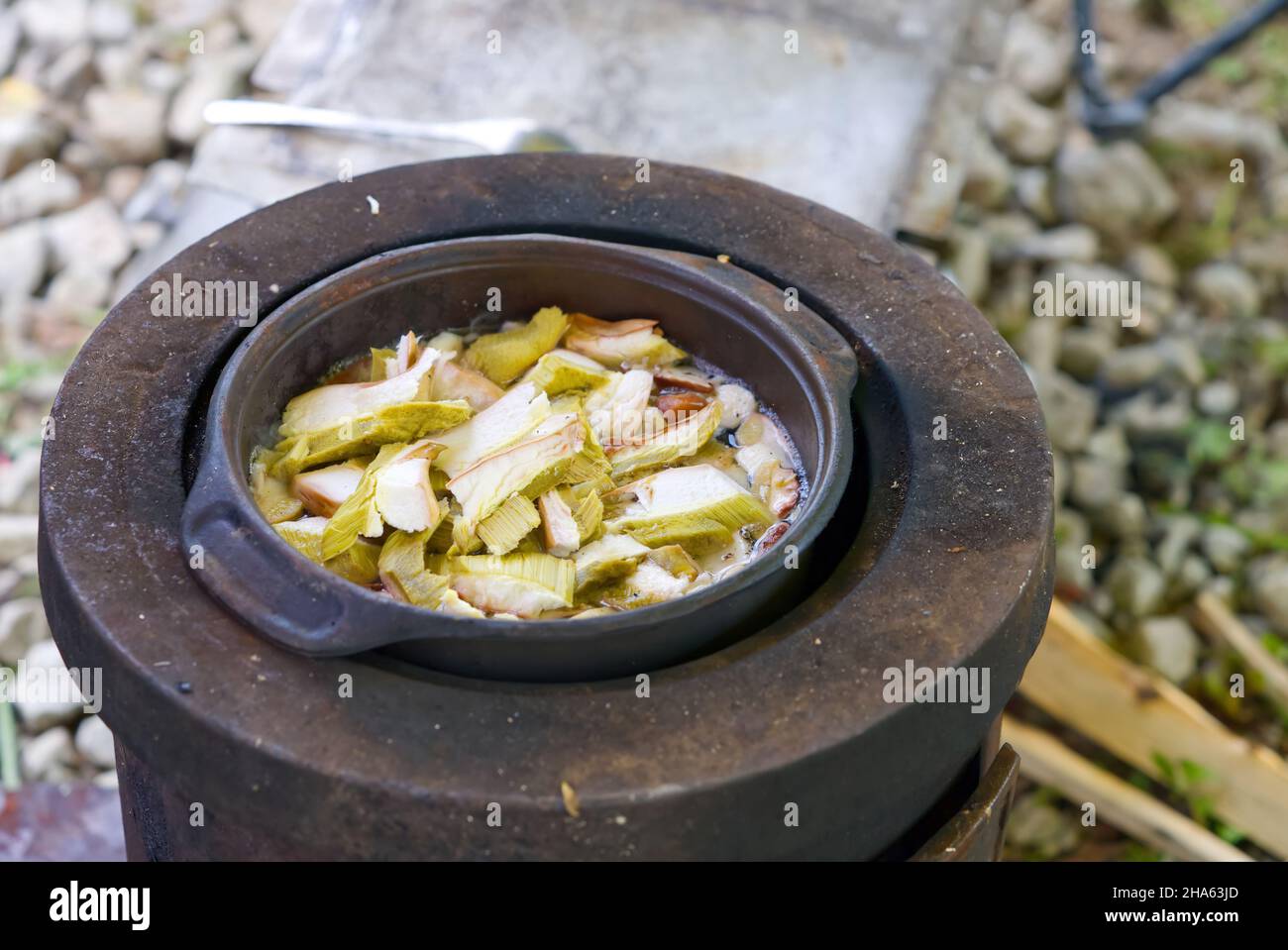 Cooking in nature while fishing. Old wood stove and cauldron. Cooking ...