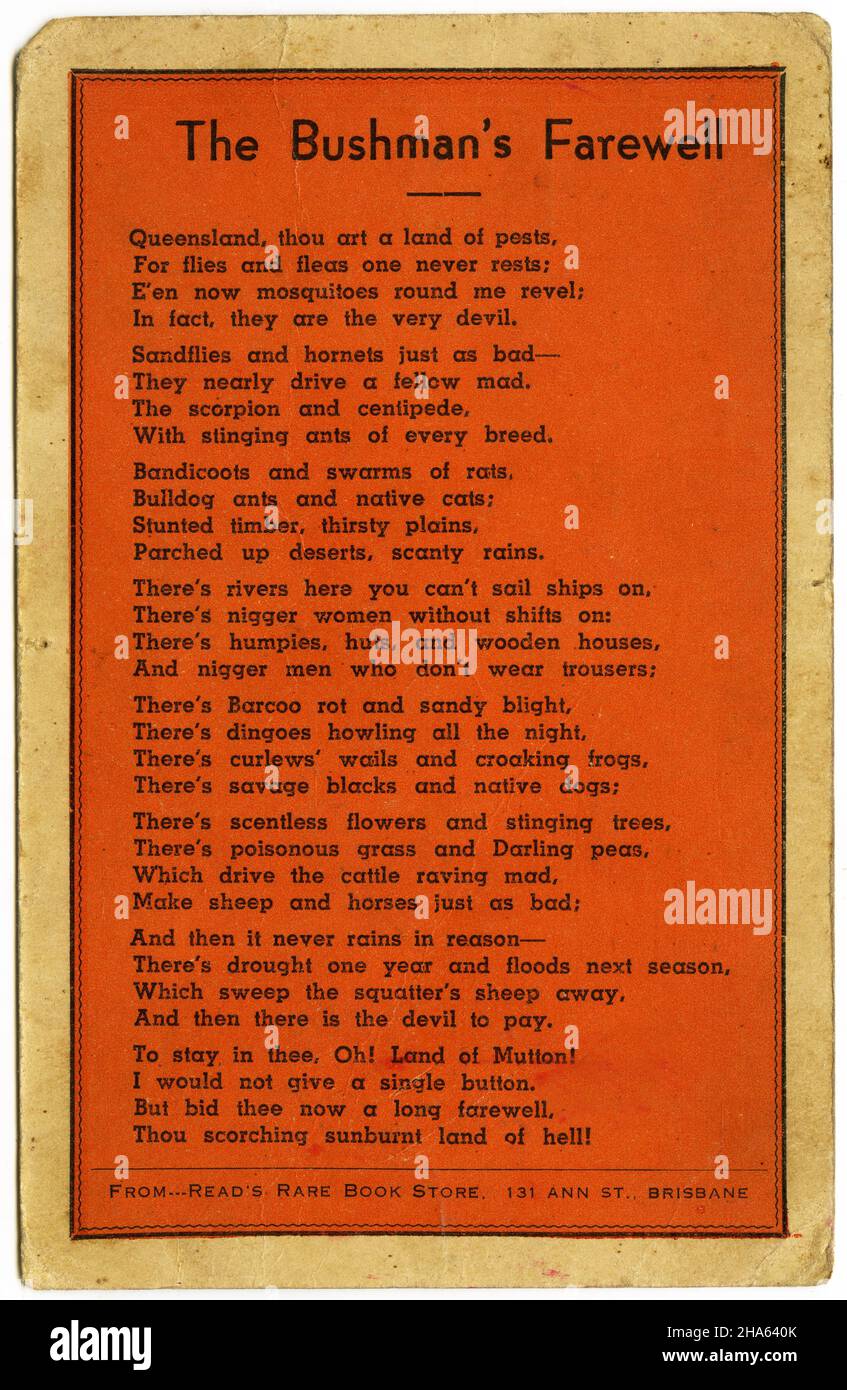 postcard featuring historical poem about Queensland, noted racist ...