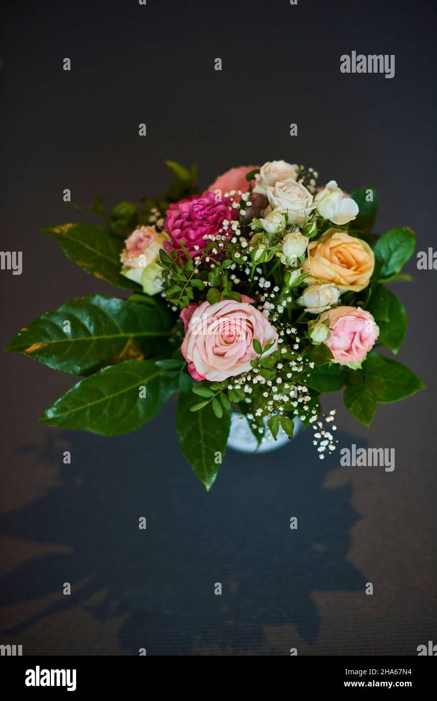 roses,gypsophila and leaves in a bouquet,studio Stock Photo - Alamy