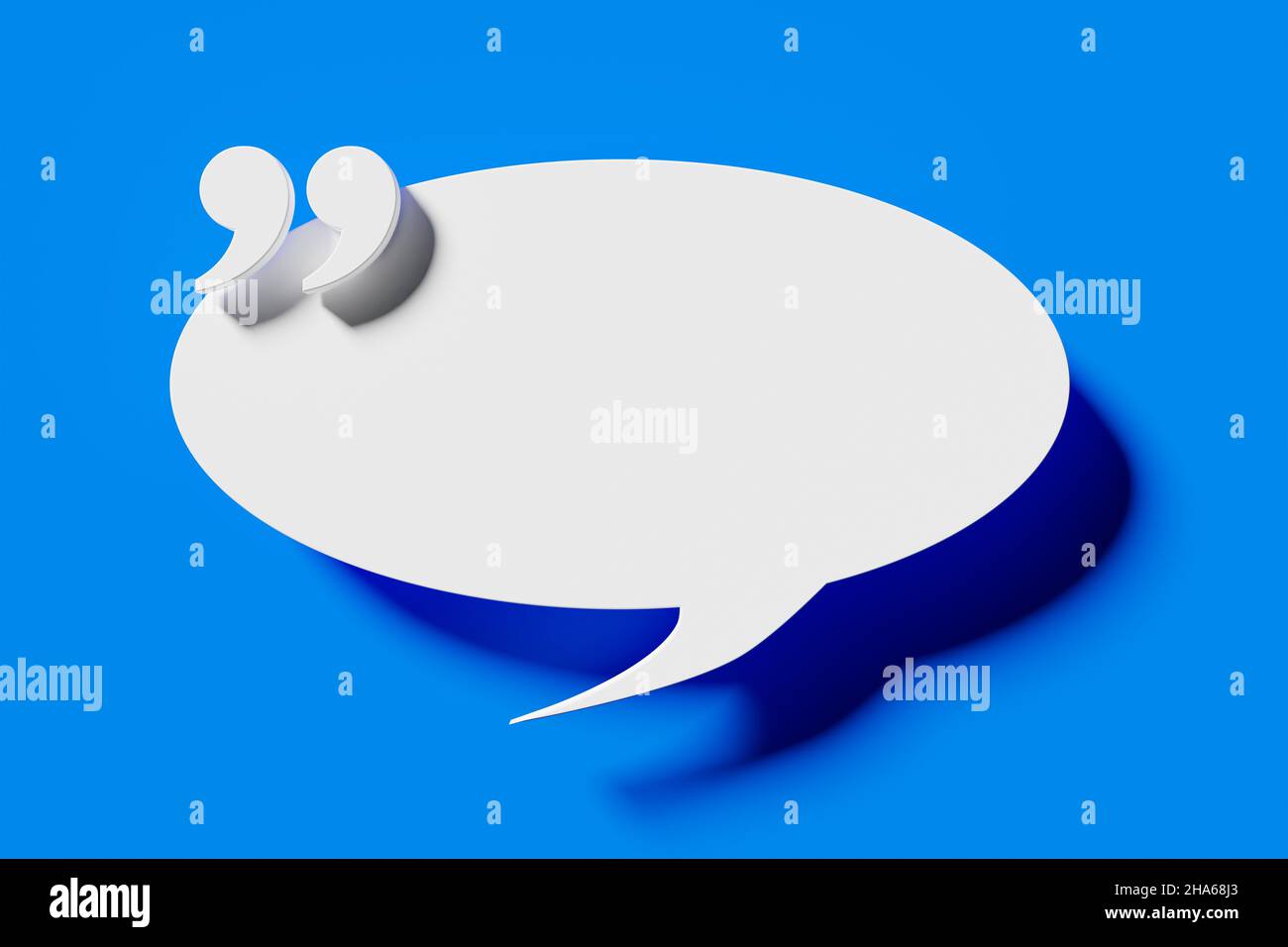 Empty, blank, round white quotation mark speech bubble on blue ...