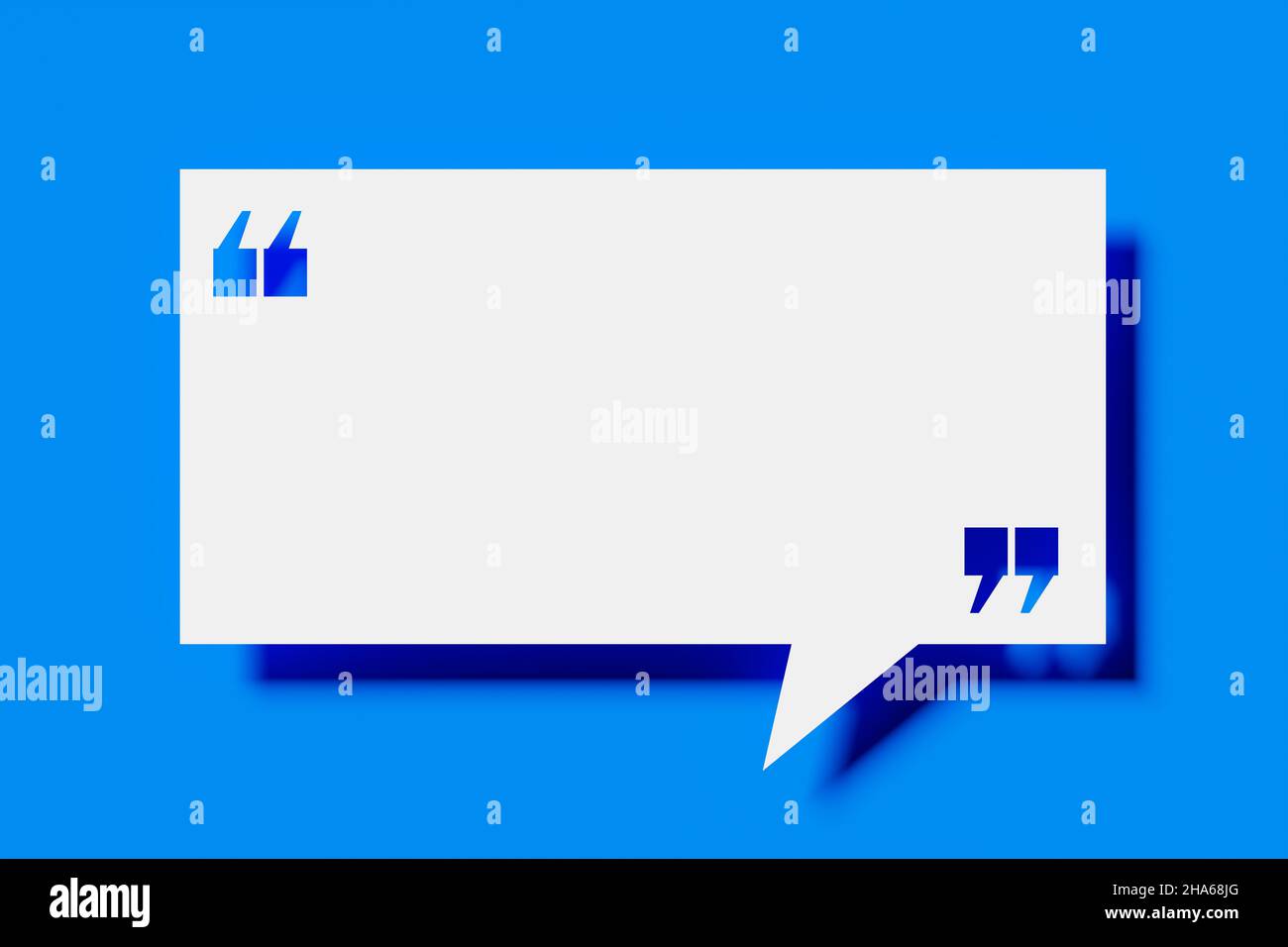 Empty, blank, white modern quotation mark speech bubble on blue ...