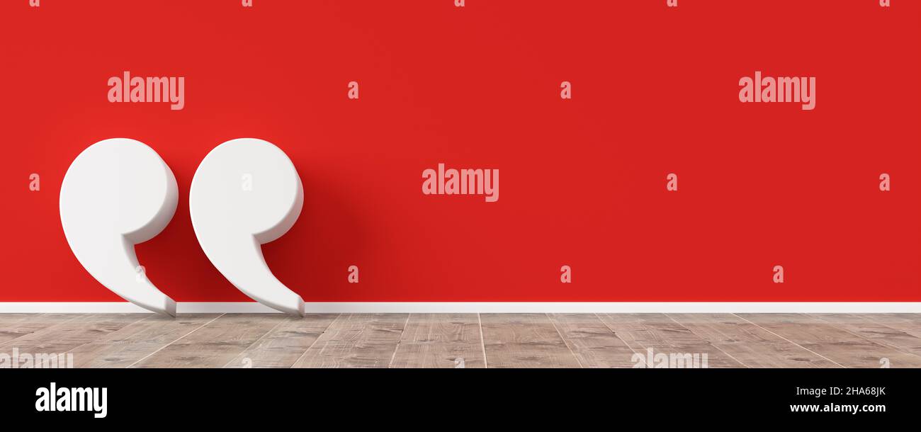 Empty, blank quotation mark sign in room with red wall, wooden floor ...